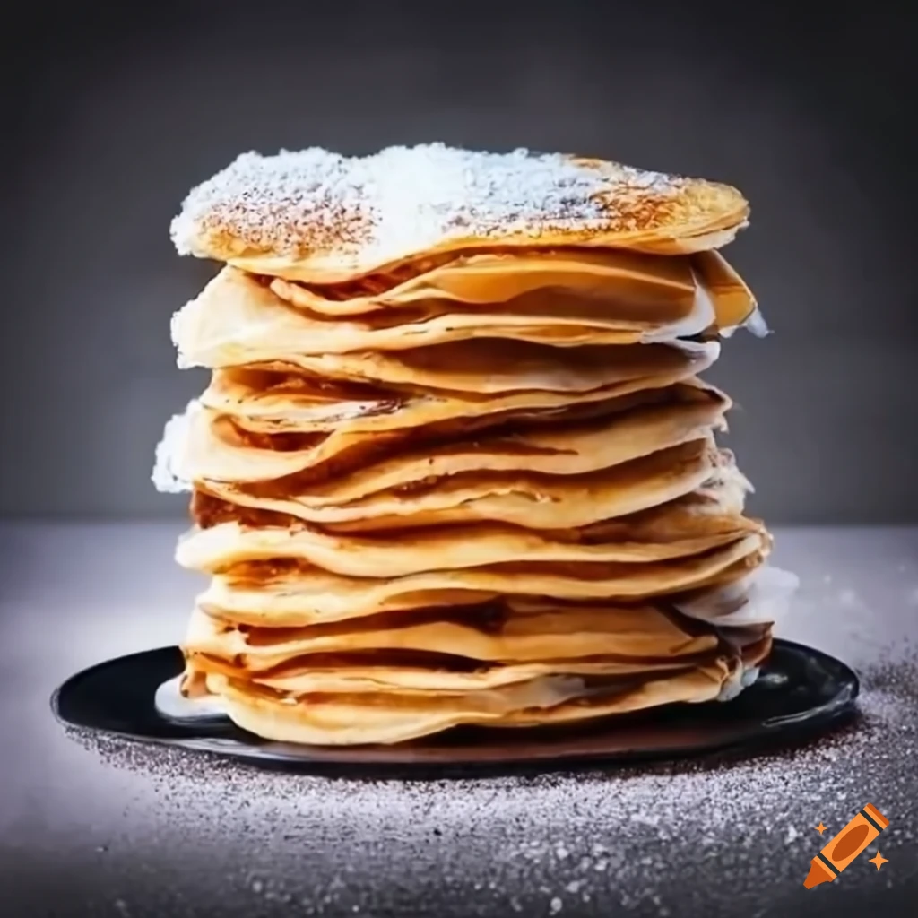 Stack of plain crispy crepes with sugar on top on Craiyon