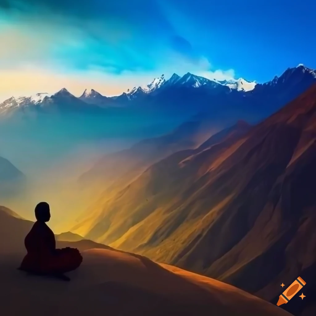 Buddhist monk meditating in the Himalayas surrounded by stunning ...