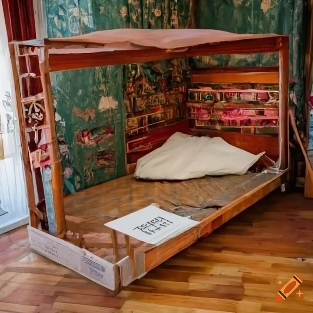 Broken bed on display at galeryja lomaska store on Craiyon