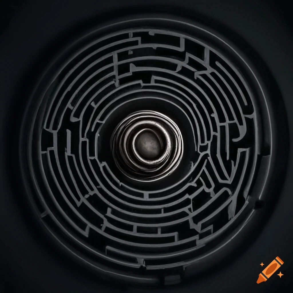 Open cage leading to a maze with predominantly grey and black colors on ...