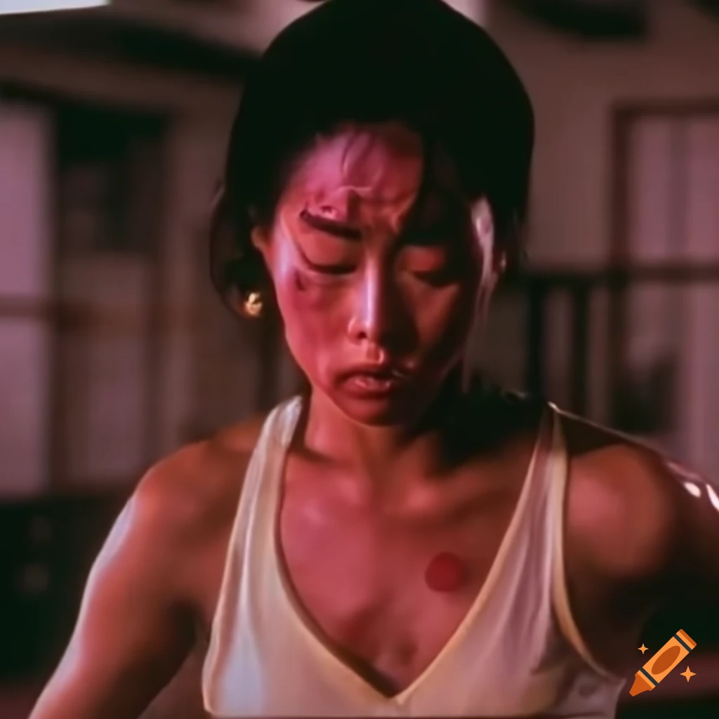 South Asian woman martial arts fighter with bruised face in an action ...