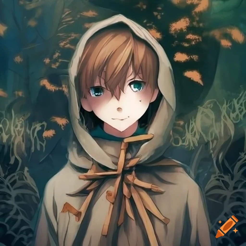 Anime boy with a wooden mask and rag cape playing in the woods on Craiyon