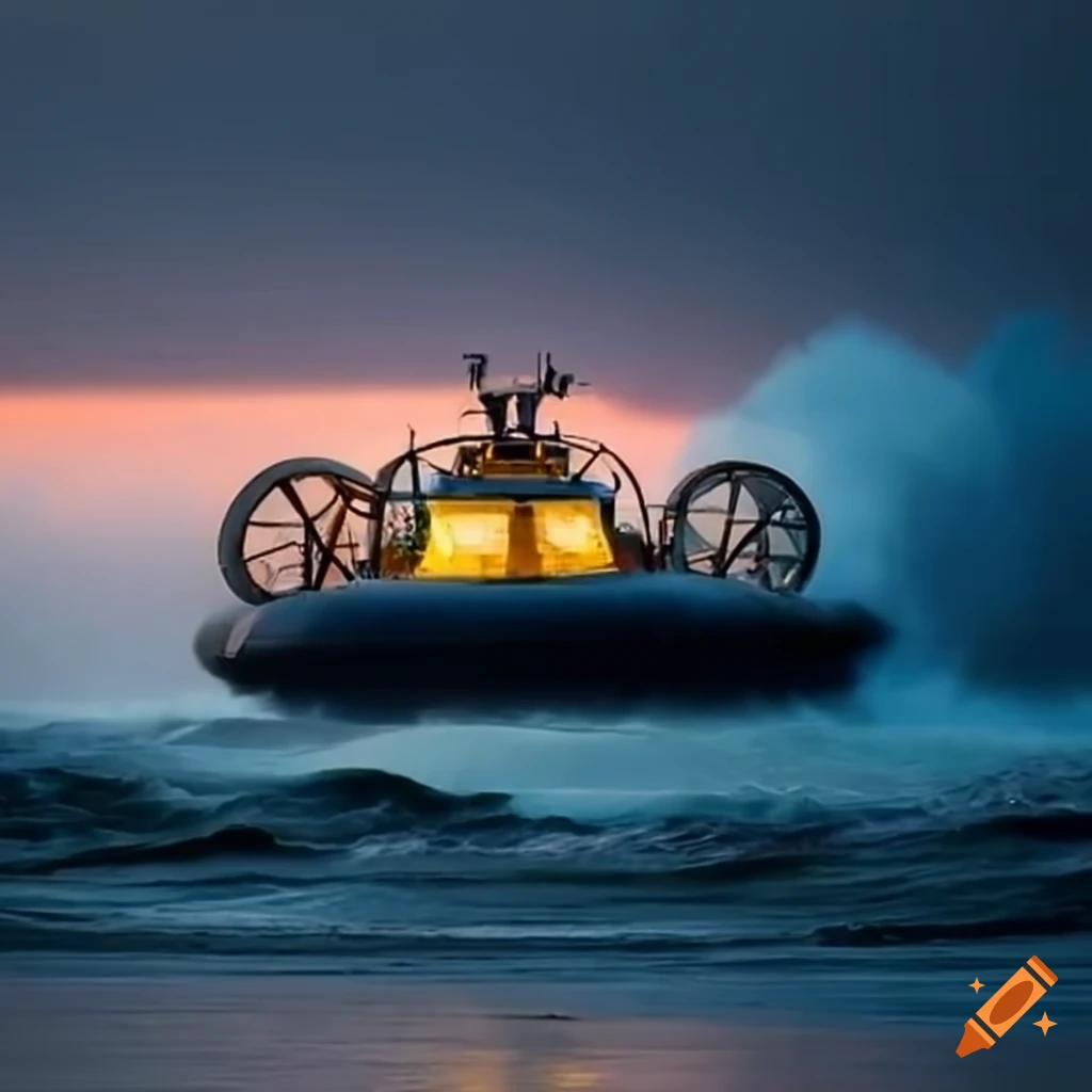 Hovercraft flying at dawn over stormy waves with a pilot officer on Craiyon