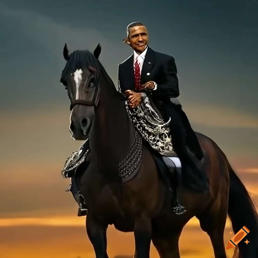 Barack Obama in baroque attire riding a horse through a grassland on ...