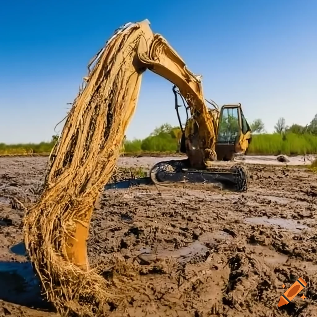 Landscape artist with straw feet in front of an excavator on Craiyon
