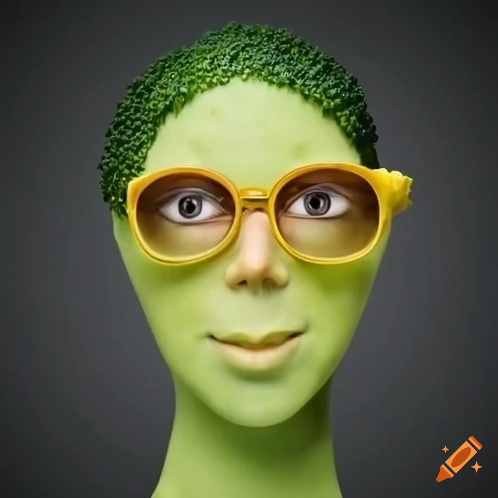 Friendly female head with broccoli glasses on Craiyon