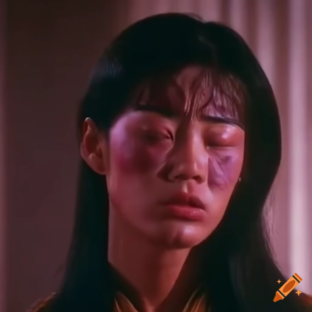 Asian martial arts fighter with bruised face in 80s Hong Kong action ...