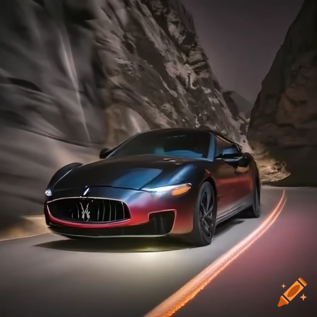 Black and red maserati driving through a canyon at night on Craiyon