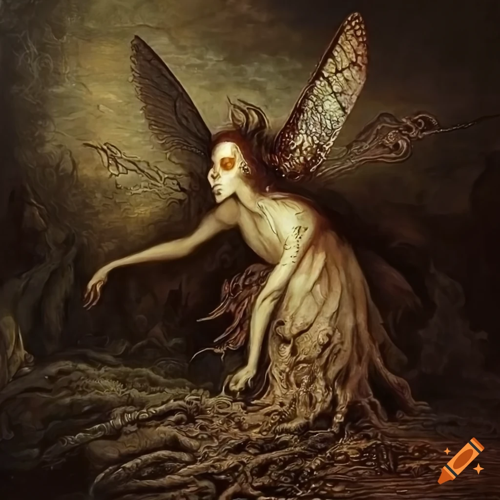 Witch riding a flying butterfly in an intricate and magical painting on ...