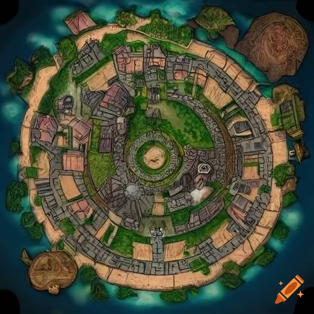 Map of circular fantasy town surrounded by forest with alternate house ...