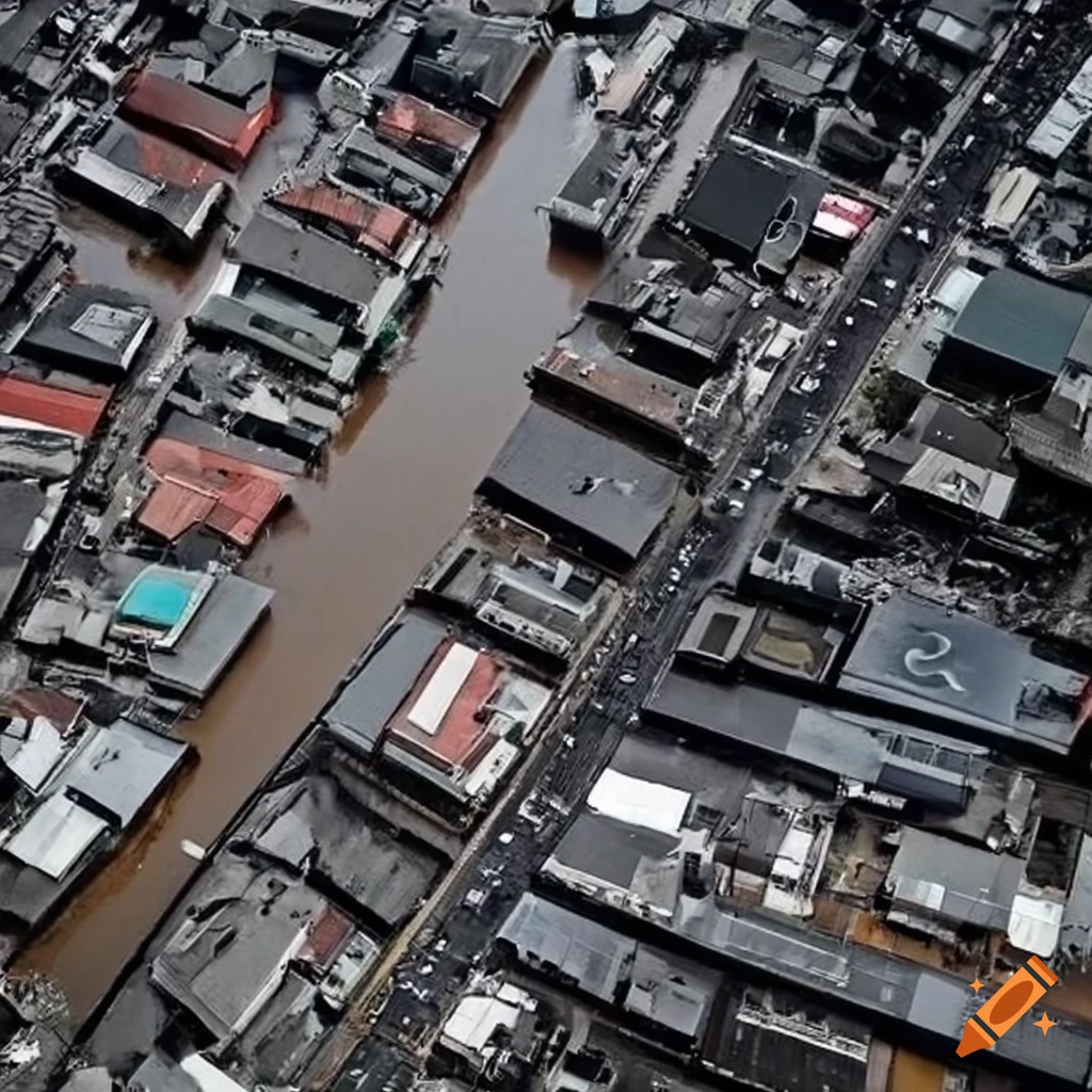 Aerial view of flooded queen street in auckland after a tsunami on Craiyon