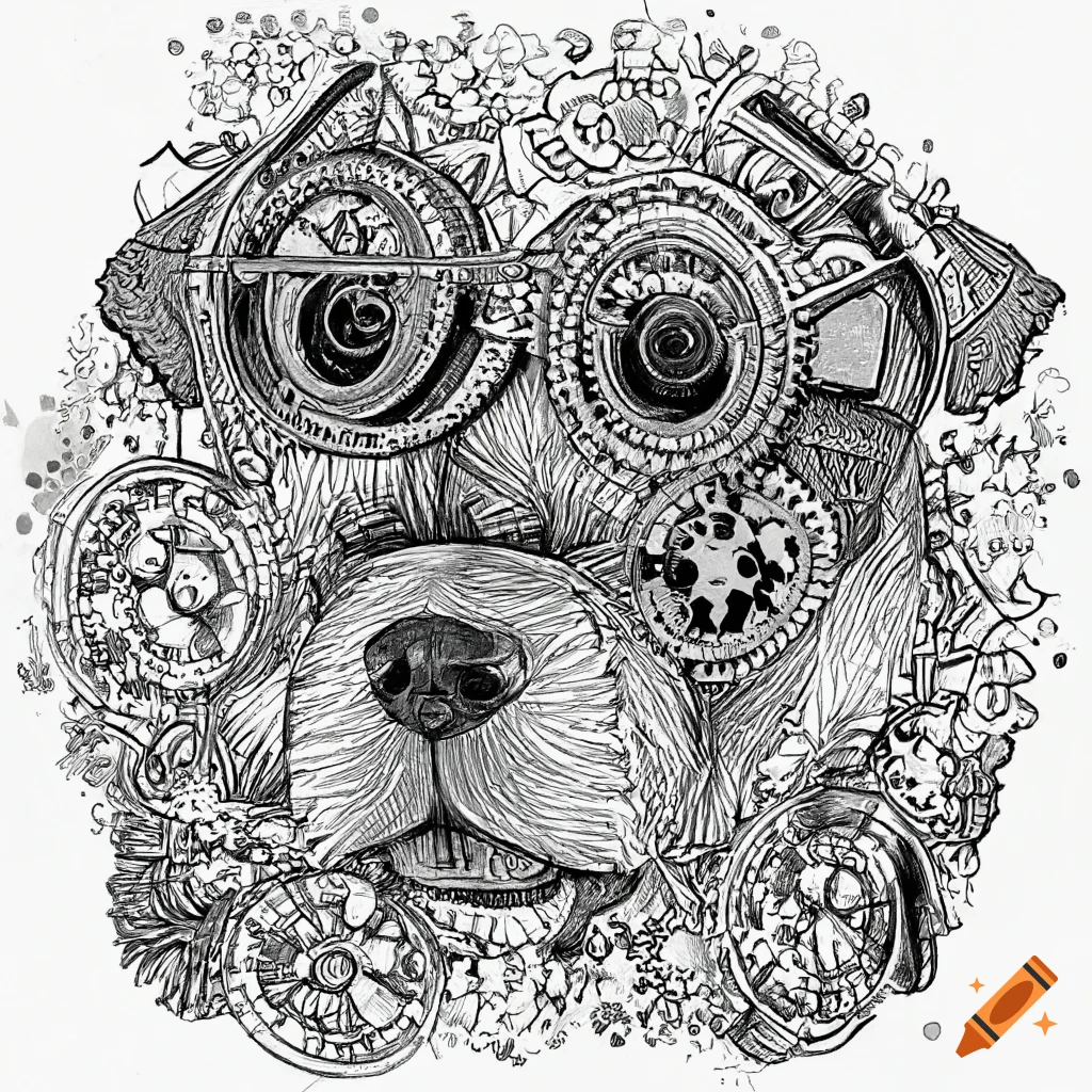 Realistic steampunk dog coloring page with fine black and white lines ...