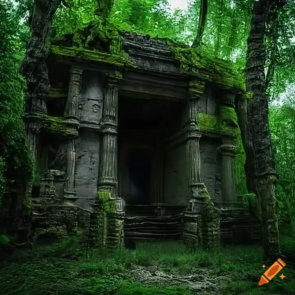 Entrance to ancient weathered alien temple in dense overgrown forest on ...