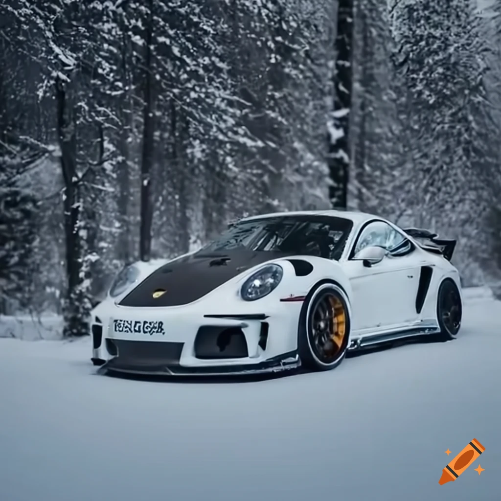 White porsche gt3 rs drifting in the snow on Craiyon