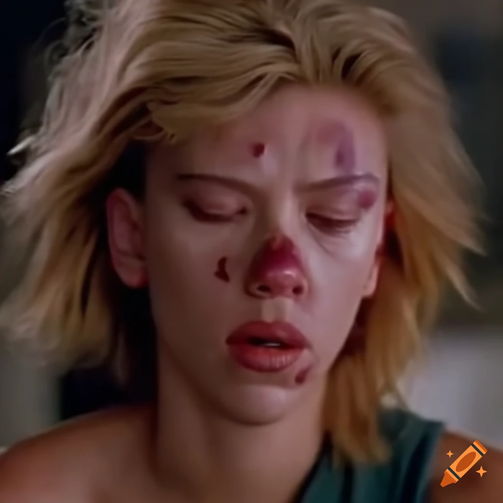 Scarlett johansson bruised martial arts fighter with spinning expression on Craiyon