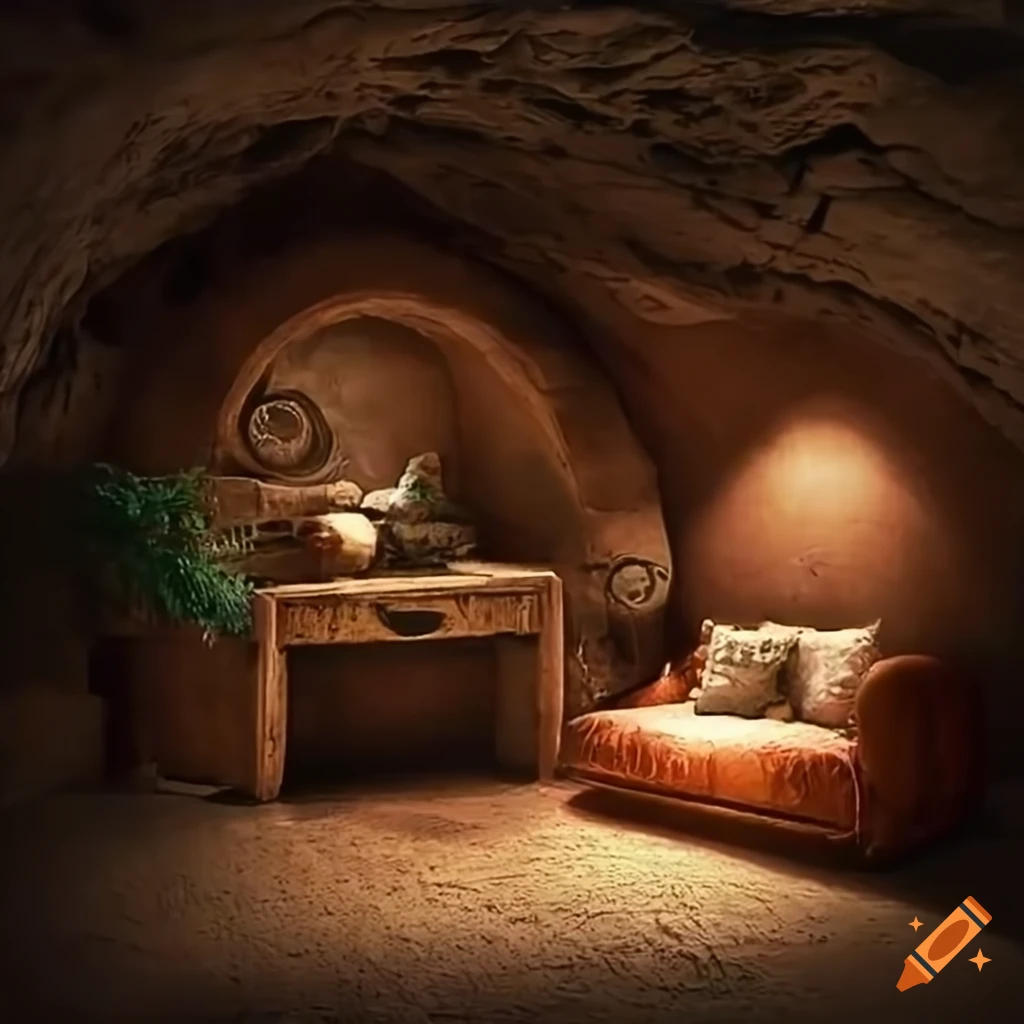 Cozy living space in a cave with vintage furniture on Craiyon