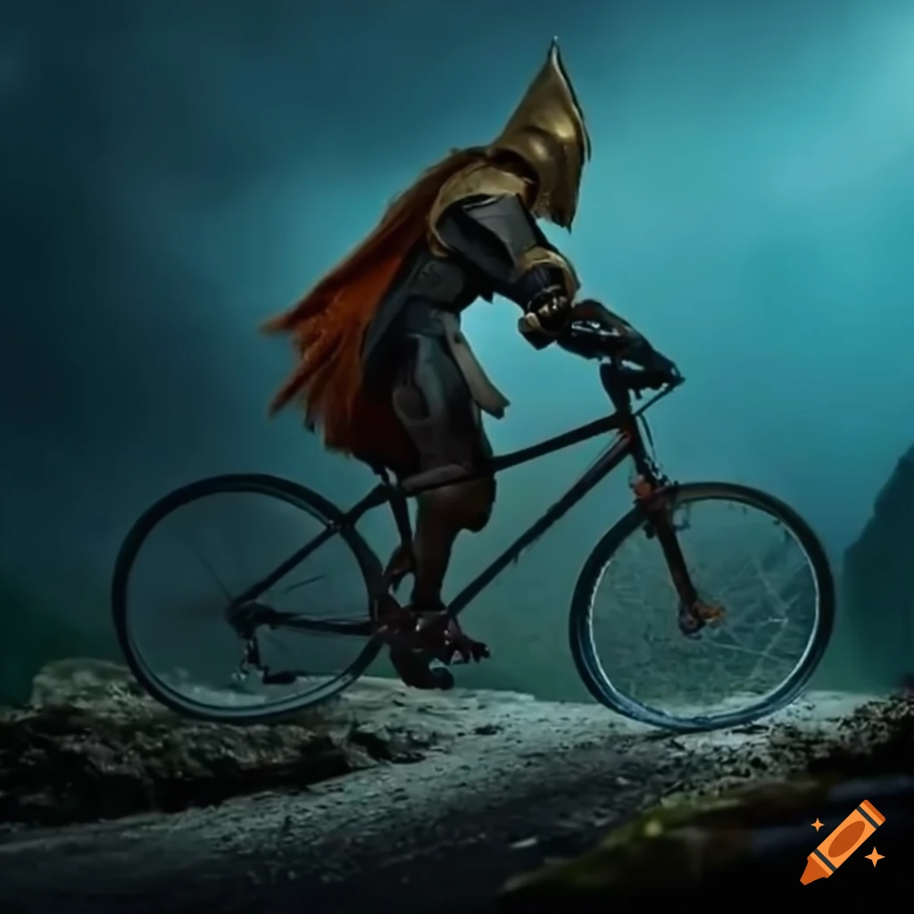 Brave knight on a bicycle descending a challenging mountain road on Craiyon