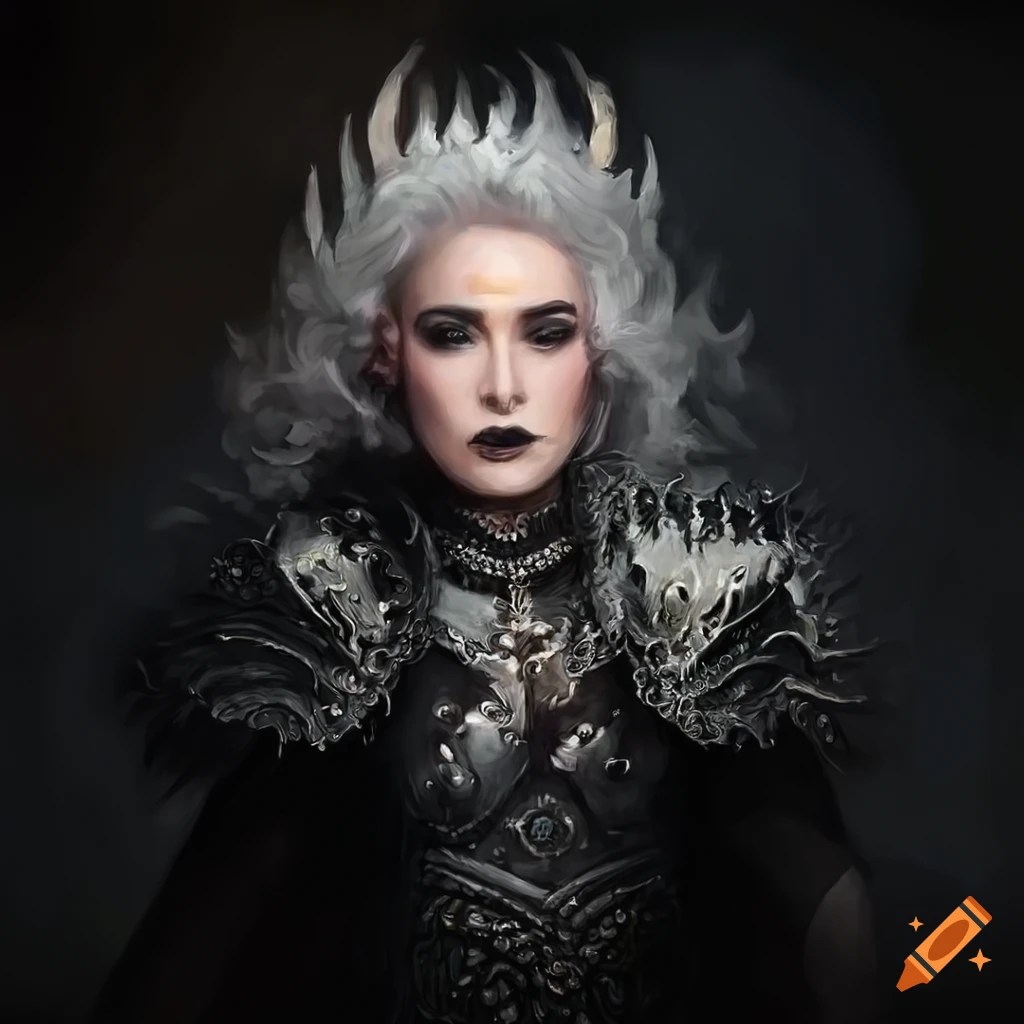 Woman in silver dragon armor and black cape in a fantasy oil painting ...