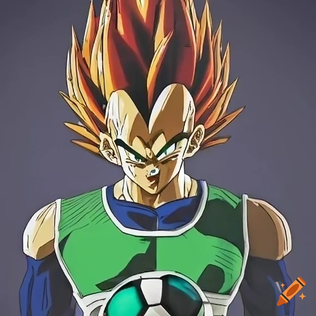 Vegeta wearing colorful armor holding a football on Craiyon