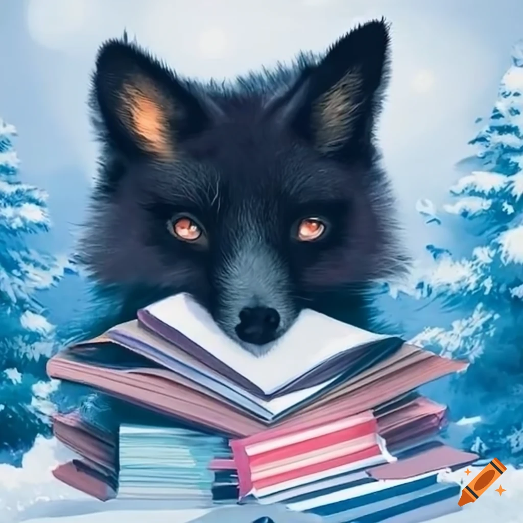 Black fox with books in winter on Craiyon