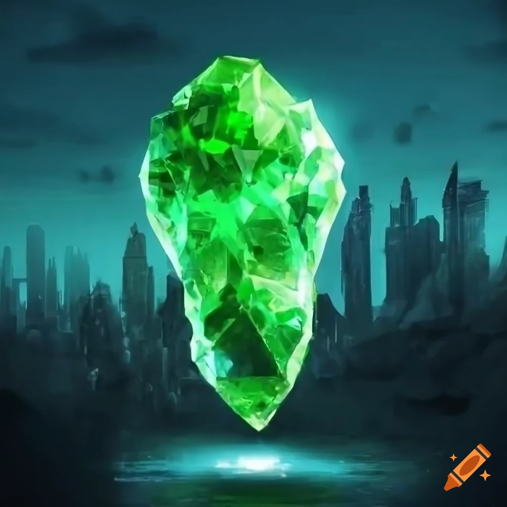 Levitating mystical crystal core of glowing green energy over a post ...