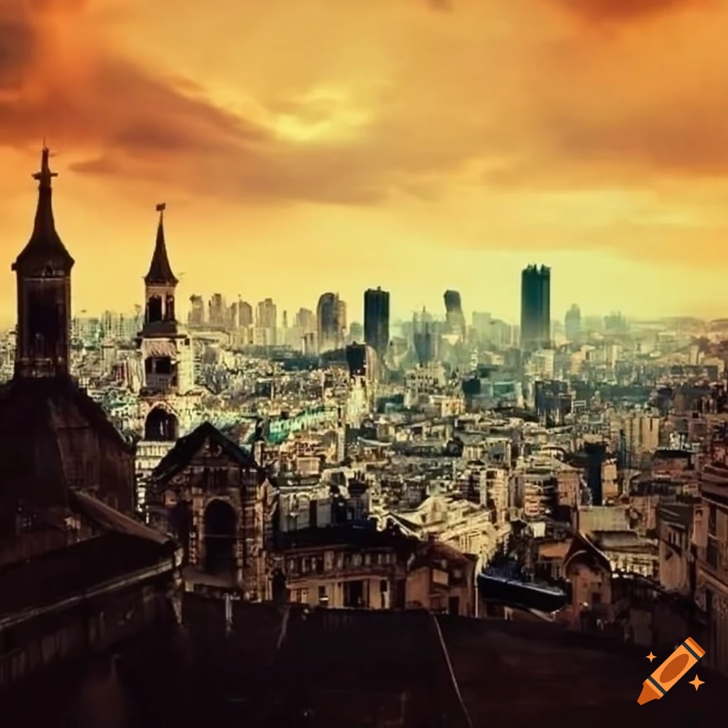 Contrast between shining city on a hill and rundown old city on Craiyon