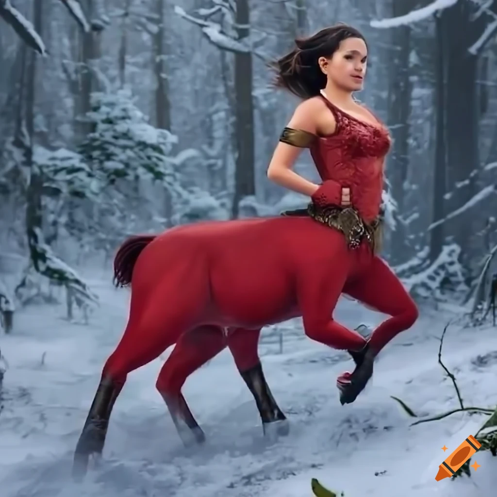 Daisy ridley as a red centaur in a snowy forest on Craiyon