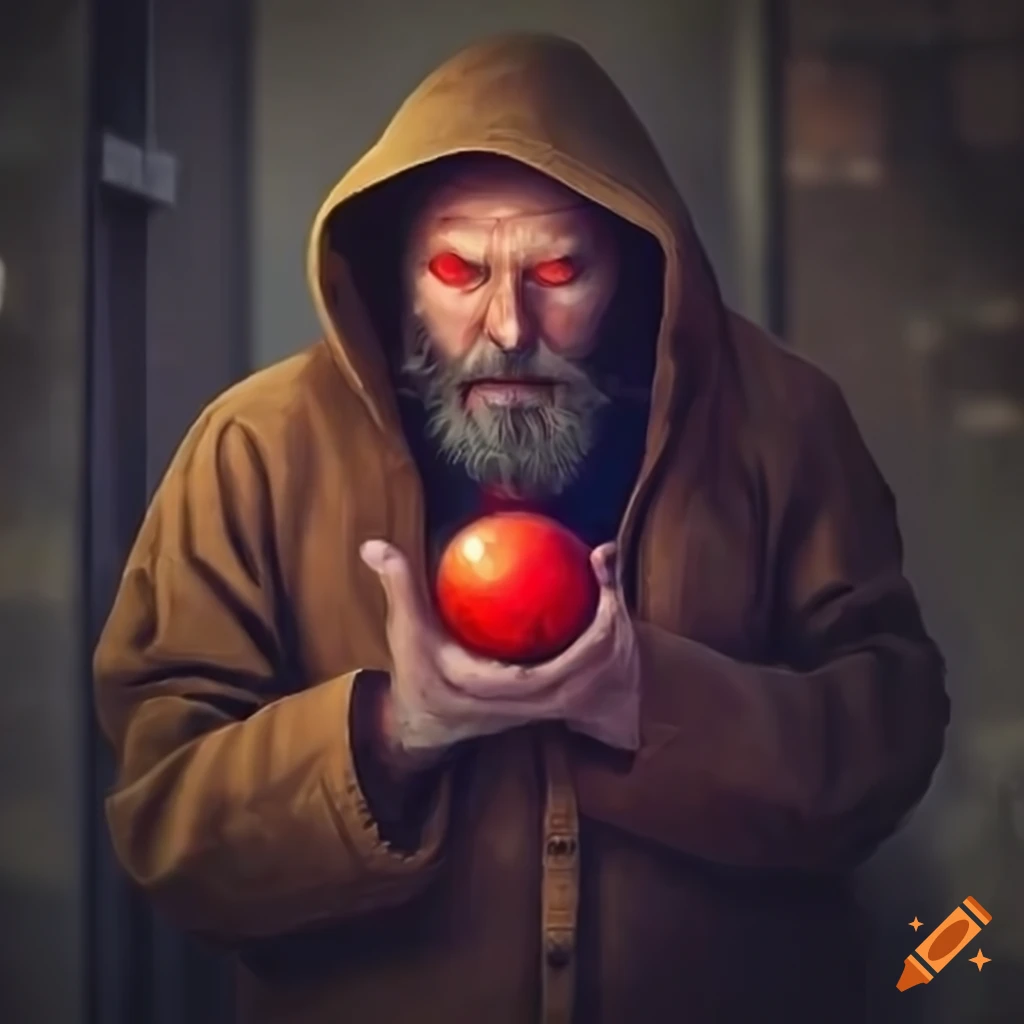 Middle aged wizard with a hood and arcane focus standing in an alleyway ...