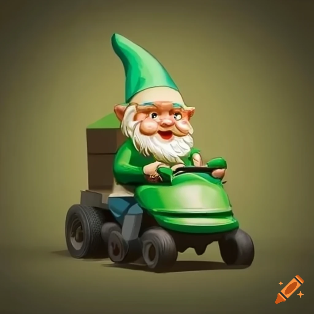 Green gnome riding a ride-on mower with moving boxes in a whimsical ...