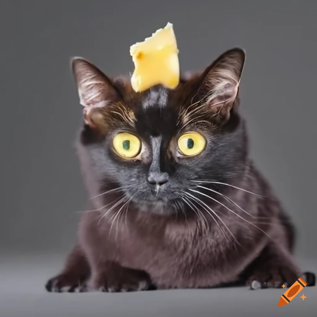 Black cat named ali with a cheese slice on her head on Craiyon