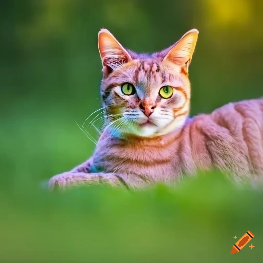 Pink tabby cat resting in green grass with daylight setting in the ...