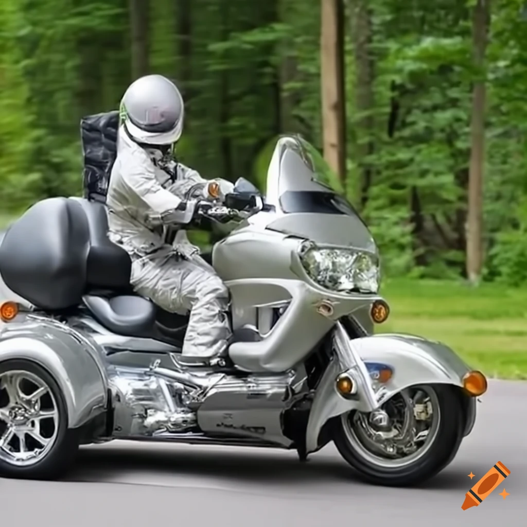 Astronaut riding a silver Honda Goldwing motorcycle trike on Craiyon