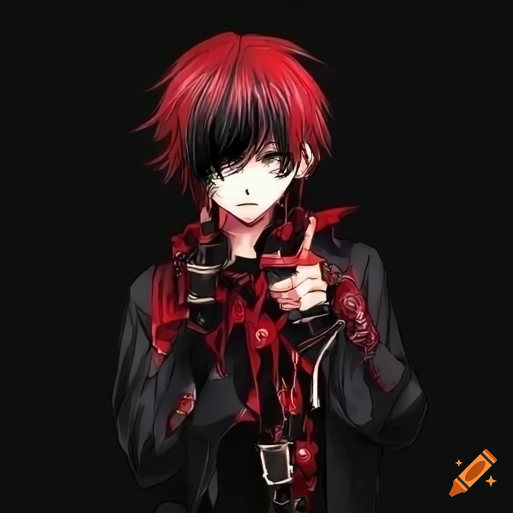 Anime style emo boy with short black hair and red highlights, scene ...