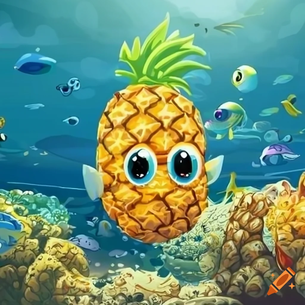 Cartoony pineapple-themed fish swimming in the ocean on Craiyon