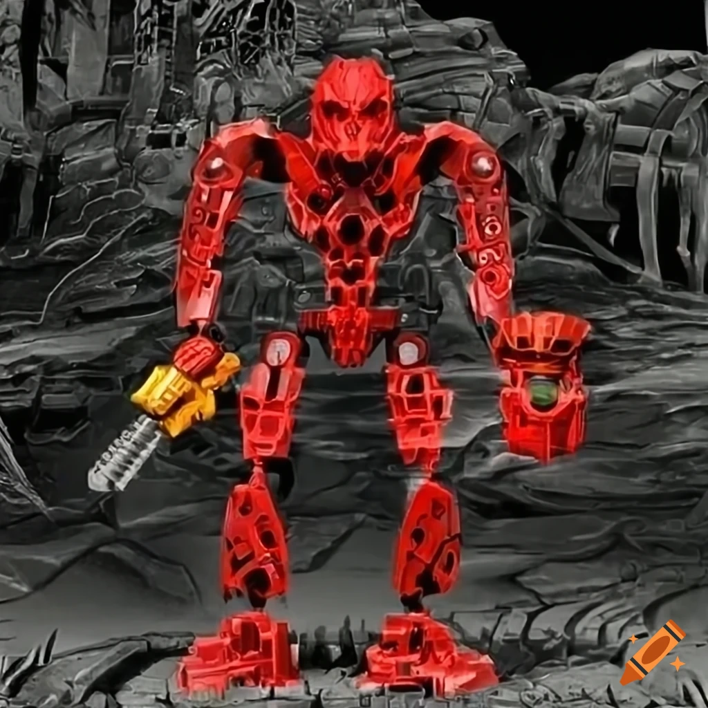 Red and black Bionicle Titan with Miru Nuva mask, fire armor, chainsaw ...