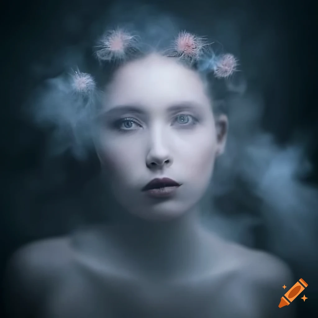 Blurred woman fashion photography with mist, dust, and flowers on Craiyon