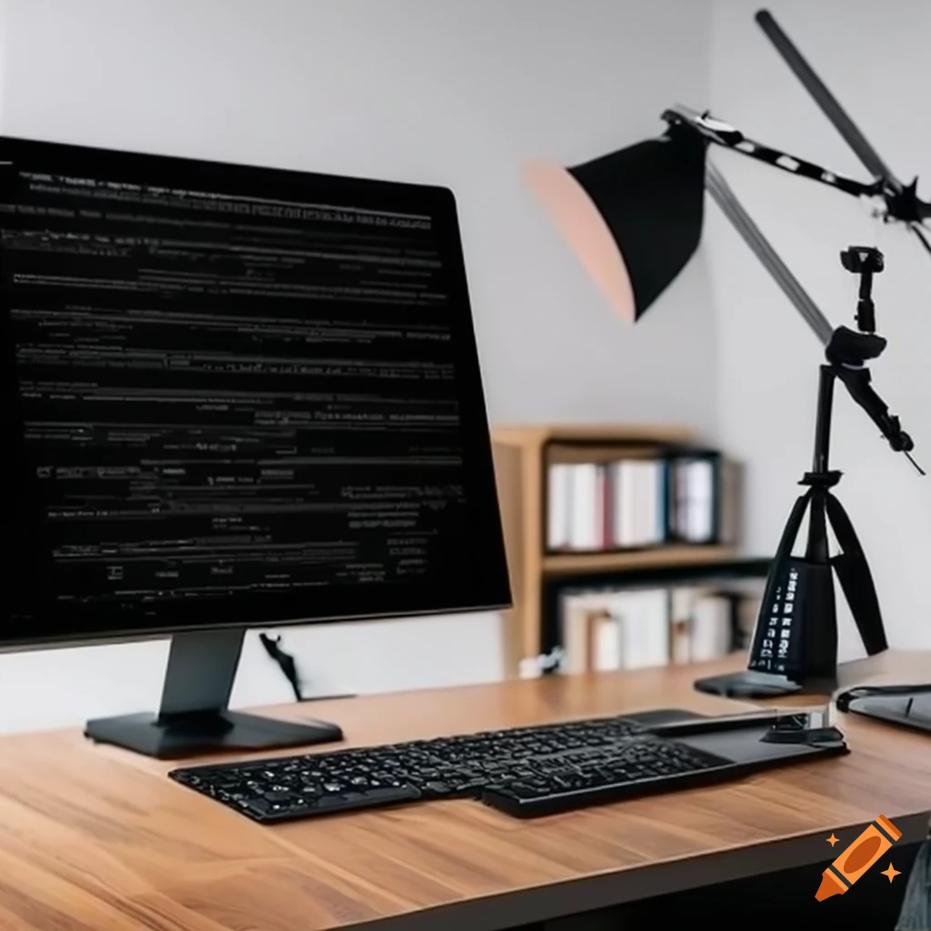 Modern workspace with computer and code on screen on Craiyon