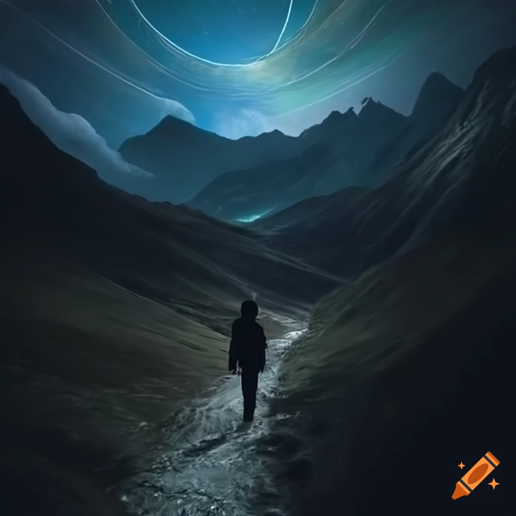 Person walking on narrow path through dark valley with dead bones, high ...