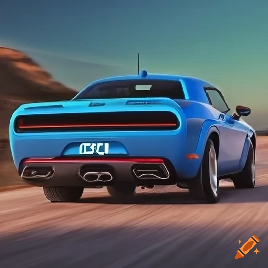 Blue 2023 dodge challenger driving along a beachside road in a ...