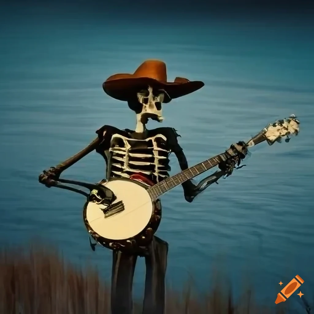 Skeleton in cowboy hat playing banjo by the river on Craiyon
