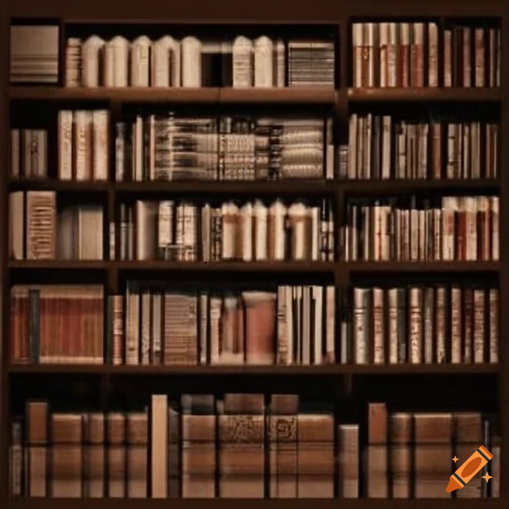 Library shelf with visible book titles and catalog numbers on Craiyon
