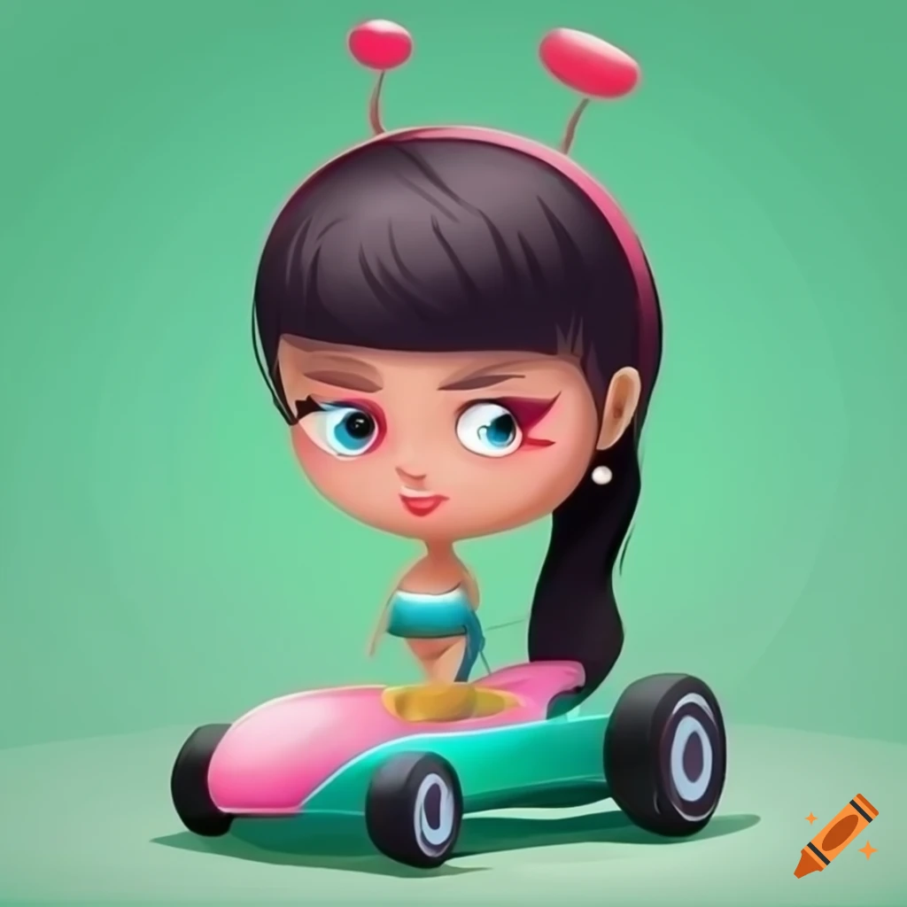 Cartoon snail in a formula 1 car with a girl's face and black hair on ...