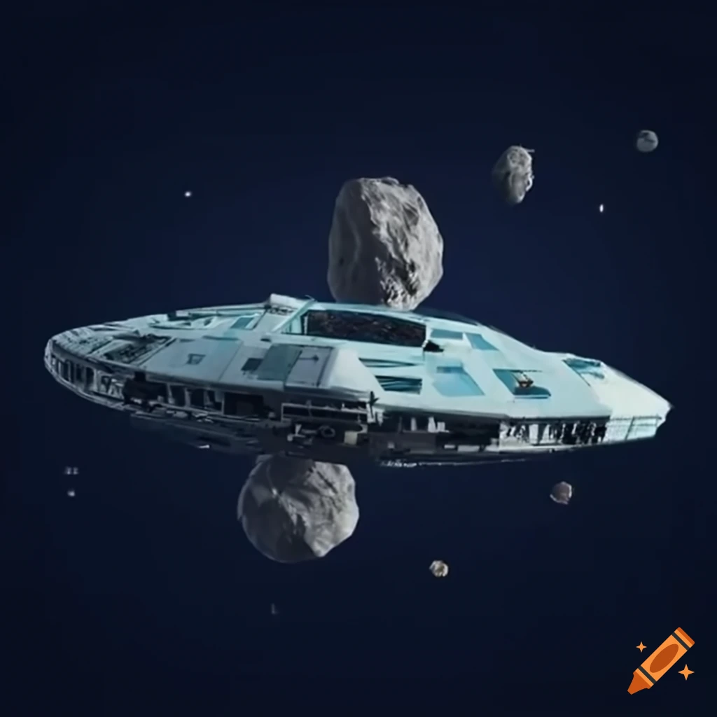 70's style star ships flying past an asteroid belt on Craiyon