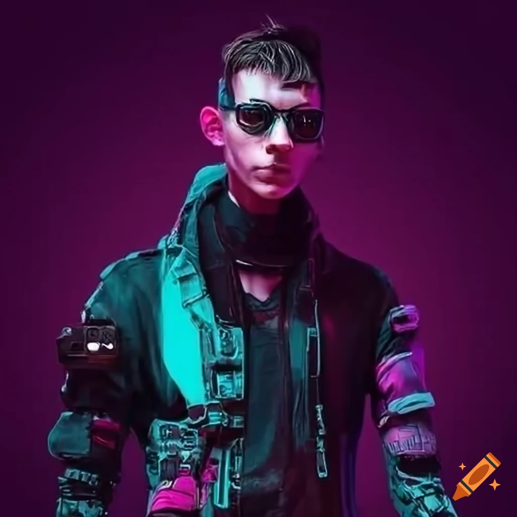Skinny cyberpunk tech guy in streetwear with gadgets on Craiyon