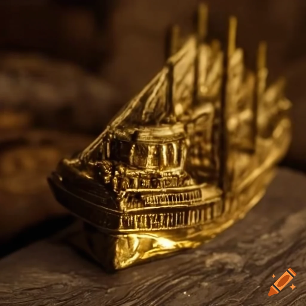 Golden titanic ship figurine in abandoned catacombs on Craiyon