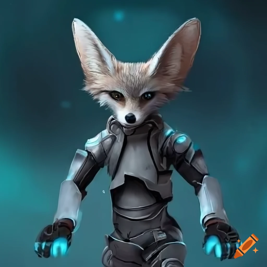 Robot fox with glowing hands and digital face in grey outfit on Craiyon