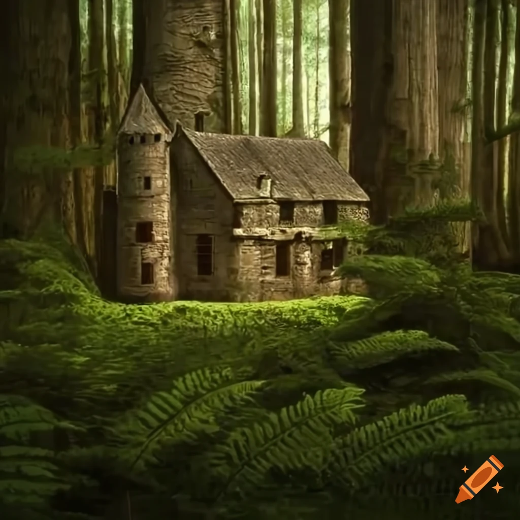 Small middle ages stone castle in a pine forest with overgrown ferns on ...