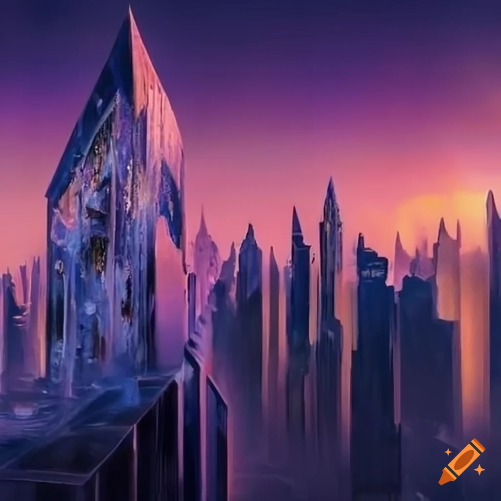 Fantasy crystal city nestled in glass and mountains with prismatic ...
