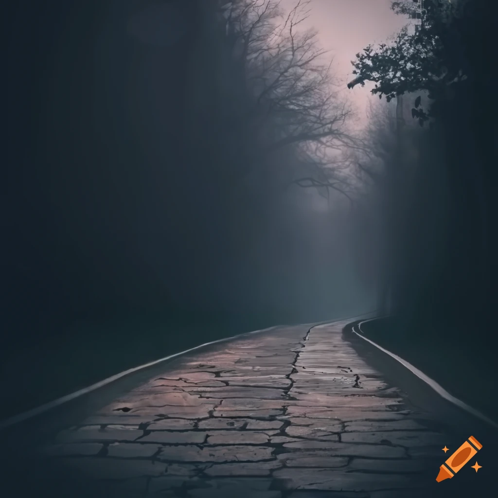 Dark and foggy brick road with cracks and potholes stretching into the distance on Craiyon