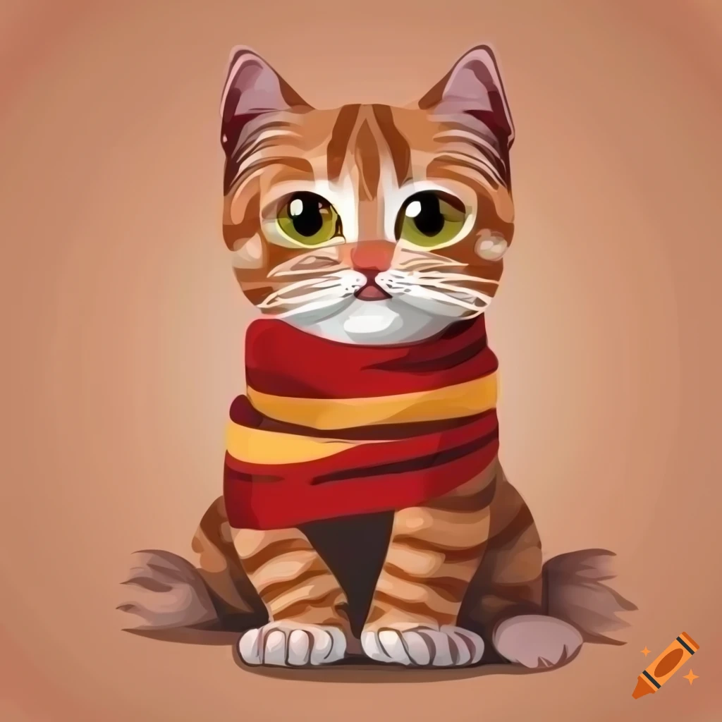 Adorable orange kitten wearing a Gryffindor scarf in simple vector art ...